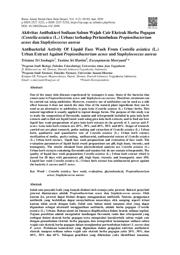 (PDF) Aktivitas Antibakteri Sediaan Sabun Wajah Cair Ekstrak Herba Pegagan (Centella asiatica (L ...