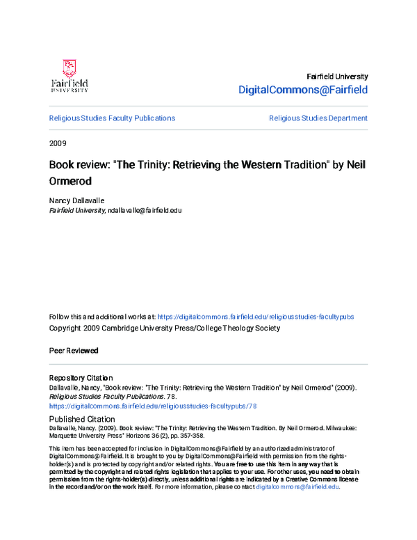 (PDF) Book review: "The Trinity: Retrieving the Western Tradition" by Neil Ormerod
