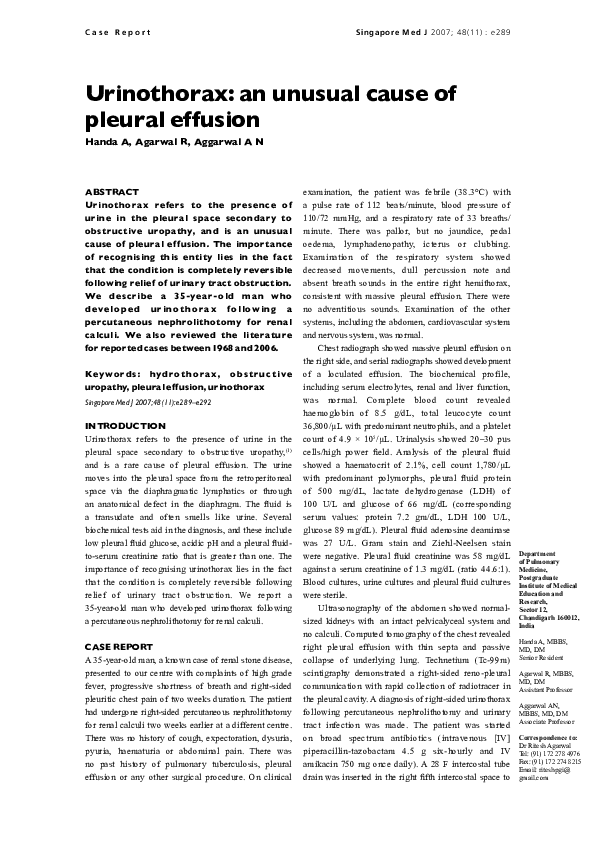 (PDF) Urinothorax: an unusual cause of pleural effusion