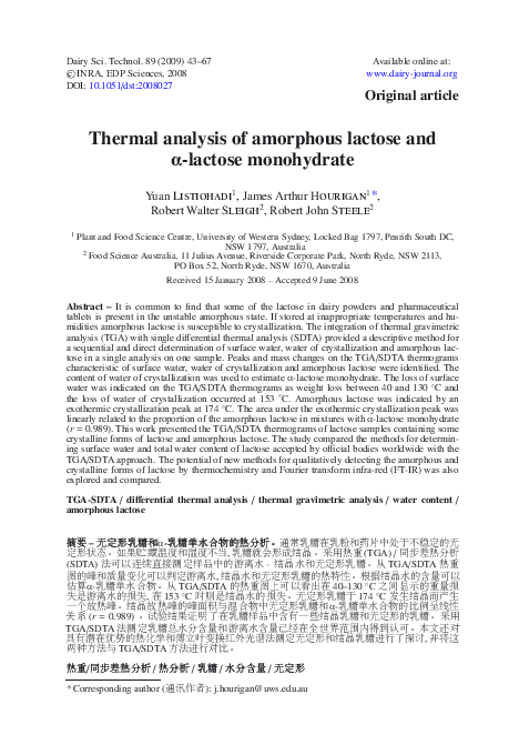 (PDF) Thermal analysis of amorphous lactose and α-lactose monohydrate