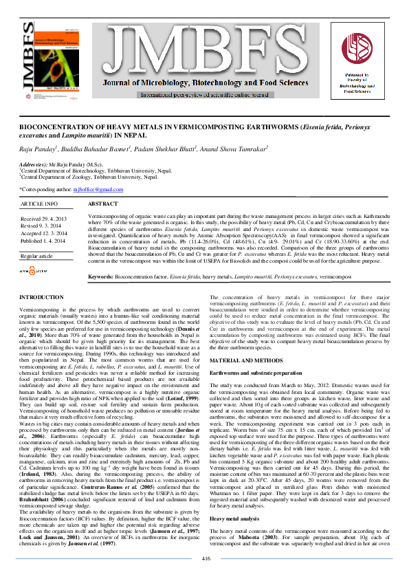 (PDF) Bioconcentration of heavy metals in vermicomposting earthworms ...