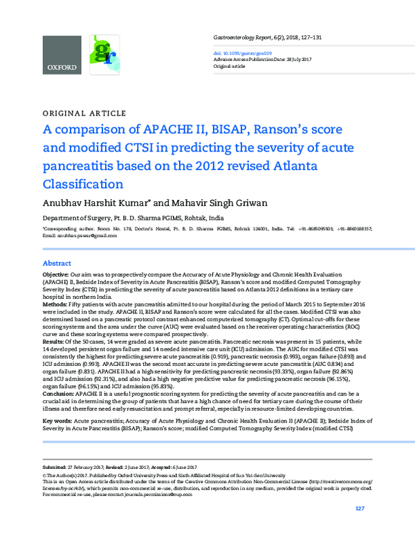(PDF) A comparison of APACHE II, BISAP, Ranson’s score and modified ...