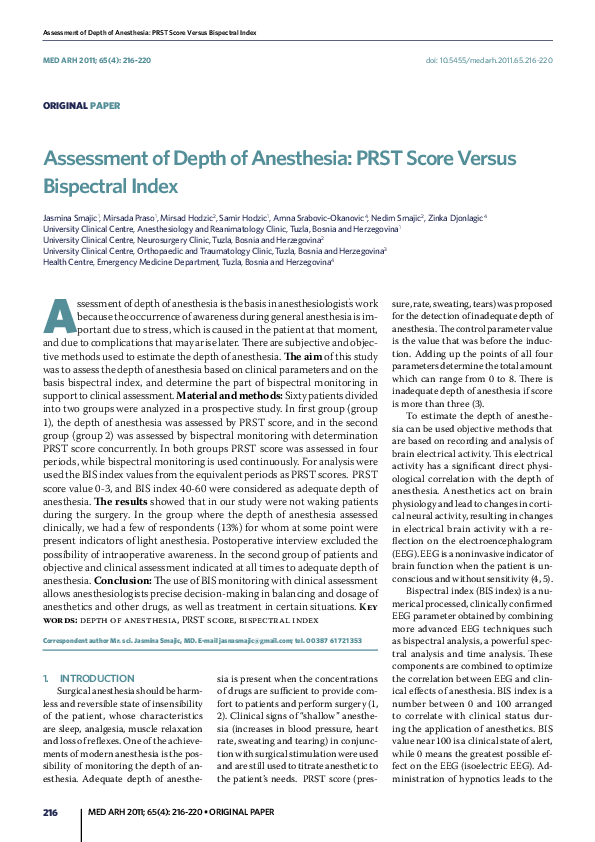 (PDF) Assessment of Depth of Anesthesia: prst Score Versus Bispectral Index