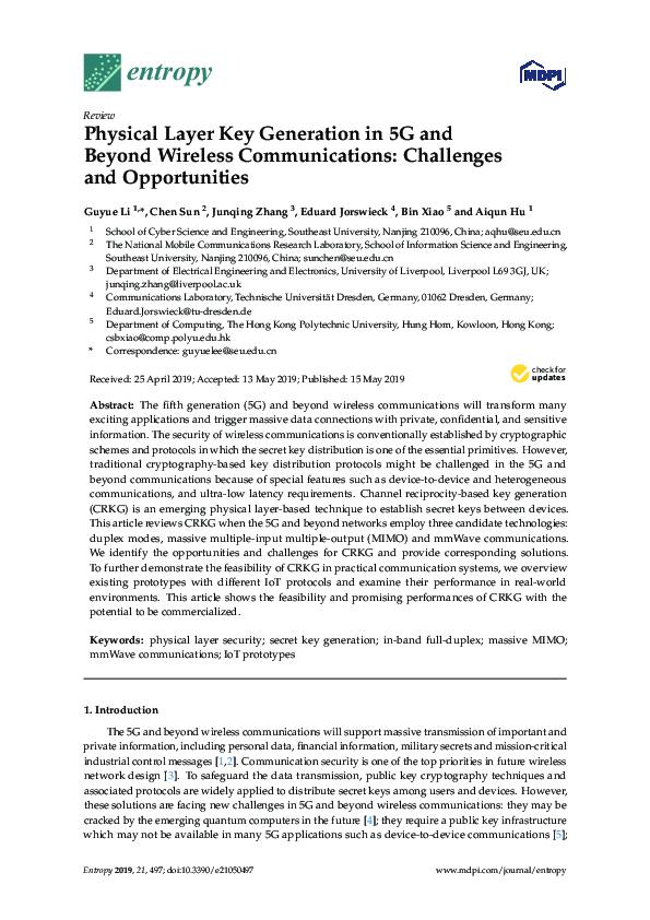 (PDF) Physical Layer Key Generation in 5G and Beyond Wireless Communications: Challenges and ...
