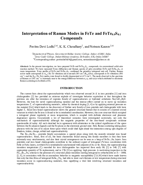 (PDF) Interpretation of Raman modes in FeTe and FeTe0.9S0.1 compounds