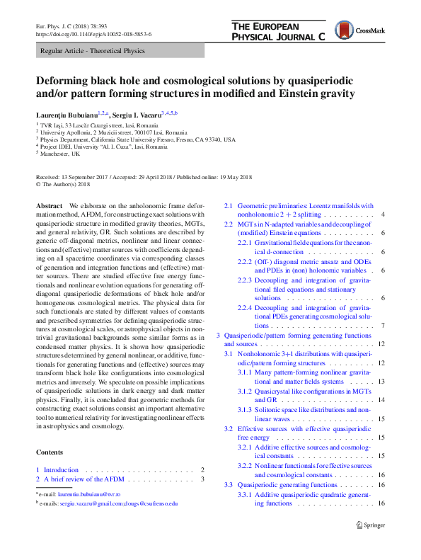 (PDF) Deforming black hole and cosmological solutions by quasiperiodic and/or pattern forming ...