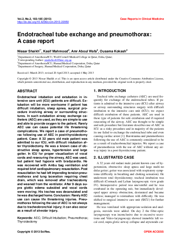 (PDF) Endotracheal tube exchange and pneumothorax: A case report