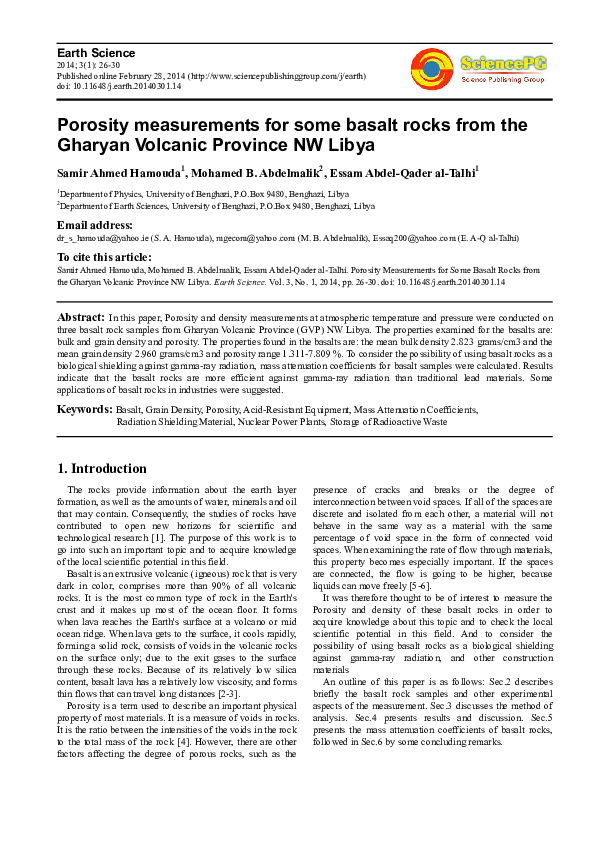 (PDF) Porosity Measurements for Some Basalt Rocks from the Gharyan ...