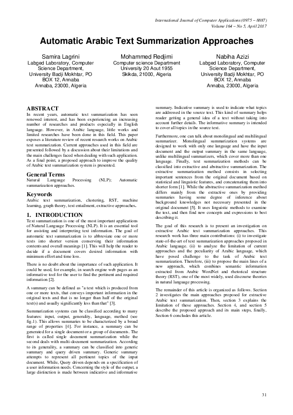 (PDF) Automatic Arabic Text Summarization Approaches