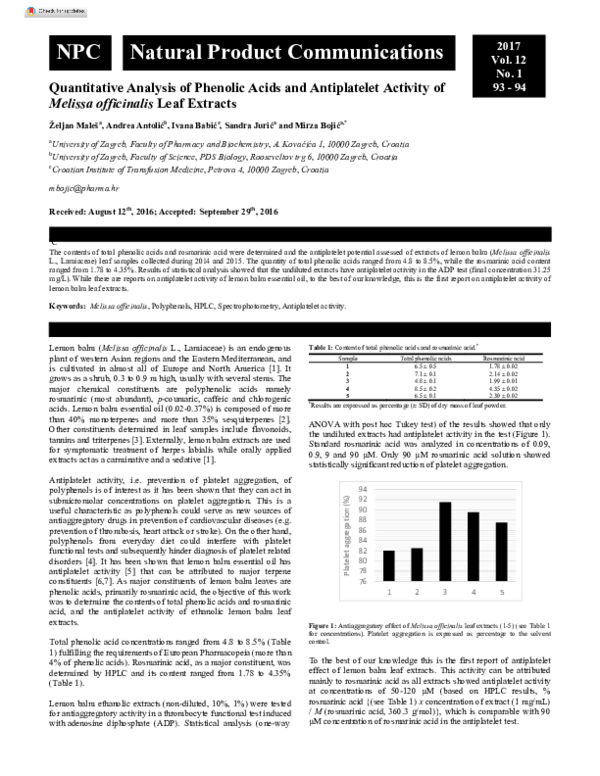(PDF) Quantitative Analysis of Phenolic Acids and Antiplatelet Activity of Melissa officinalis ...