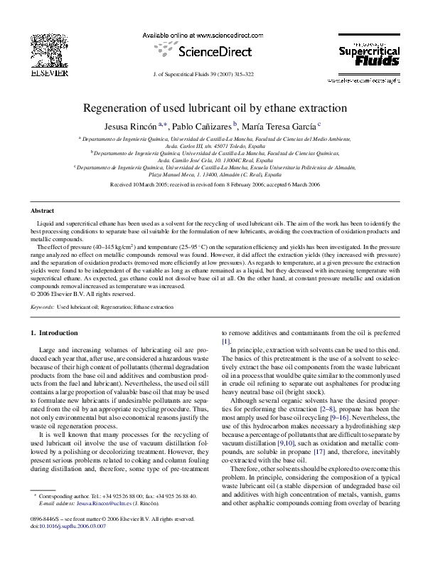 (PDF) Regeneration of used lubricant oil by ethane extraction