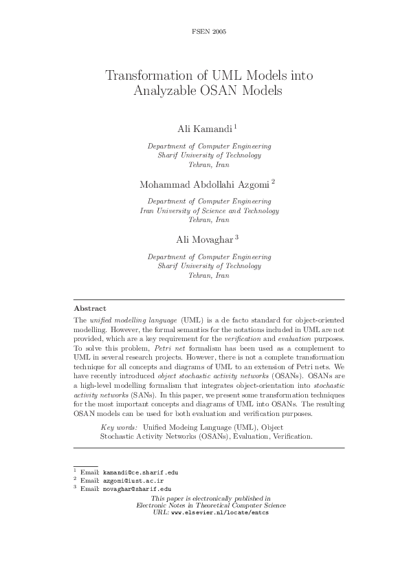 Pdf Transformation Of Uml Models Into Analyzable Osan Models