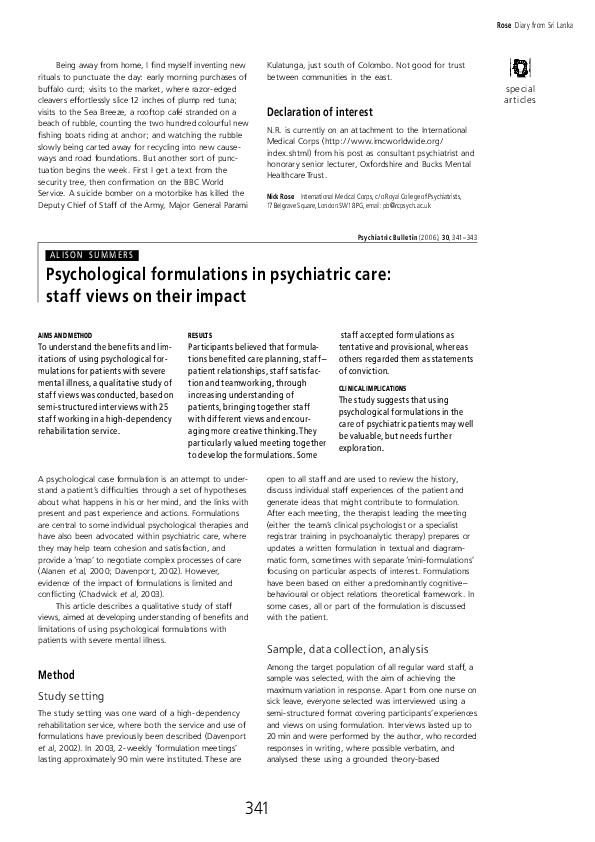 (PDF) Psychological formulations in psychiatric care: staff views on ...
