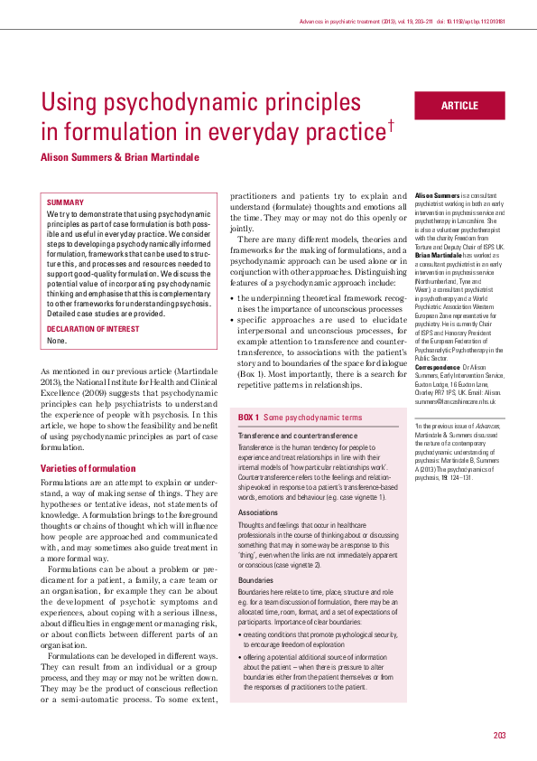 (PDF) Using psychodynamic principles in formulation in everyday practice