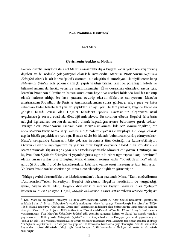 (PDF) Karl Marx: Proudhon Hakkında