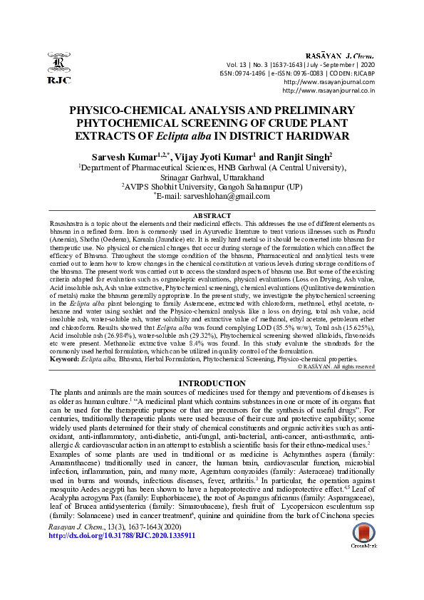 (PDF) PHYSICO-CHEMICAL ANALYSIS AND PRELIMINARY PHYTOCHEMICAL SCREENING OF CRUDE PLANT EXTRACTS ...