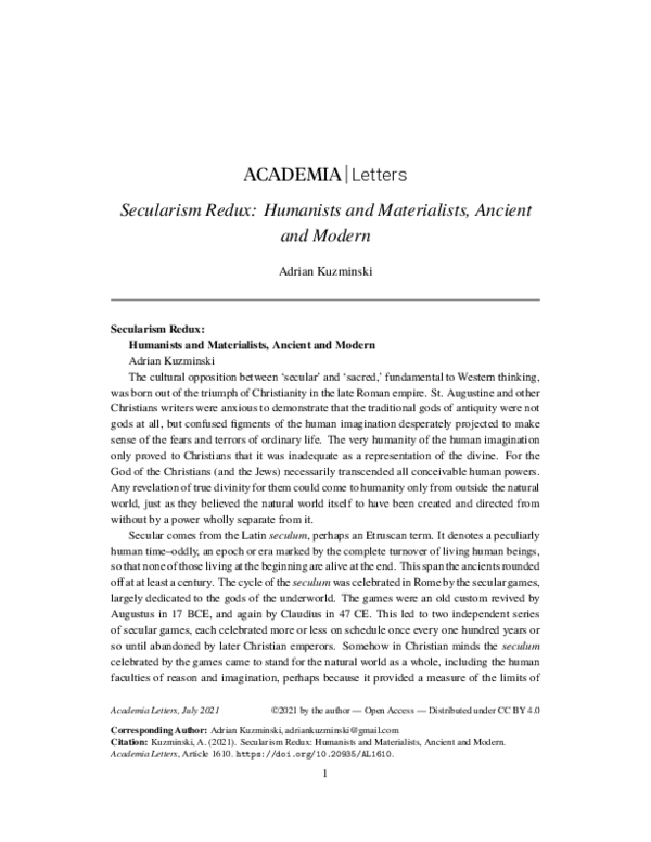 (PDF) Secularism Redux: Humanists and Materialists, Ancient and Modern