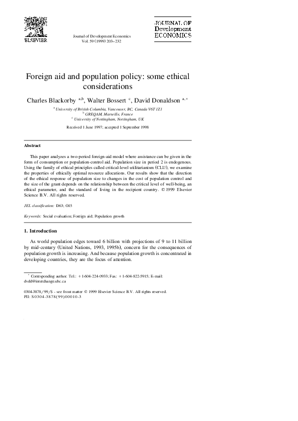 (PDF) Foreign aid and population policy: some ethical considerations