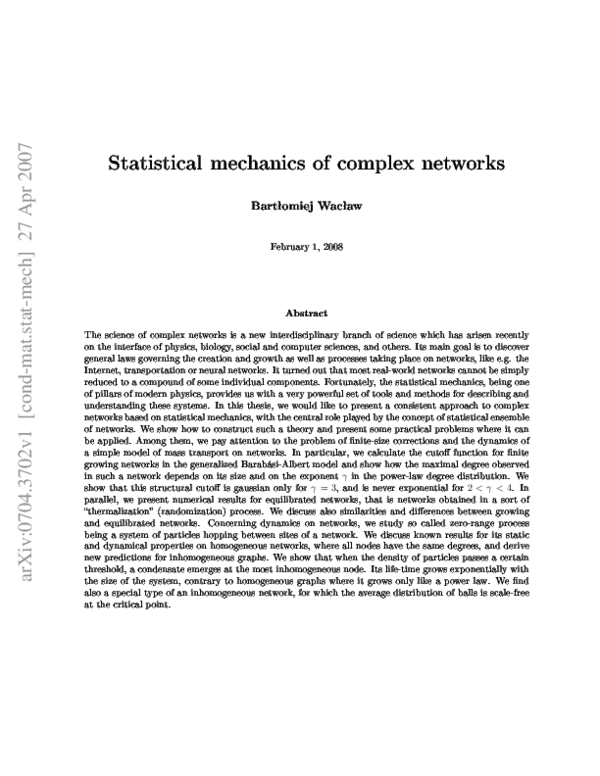 (PDF) Statistical mechanics of complex networks