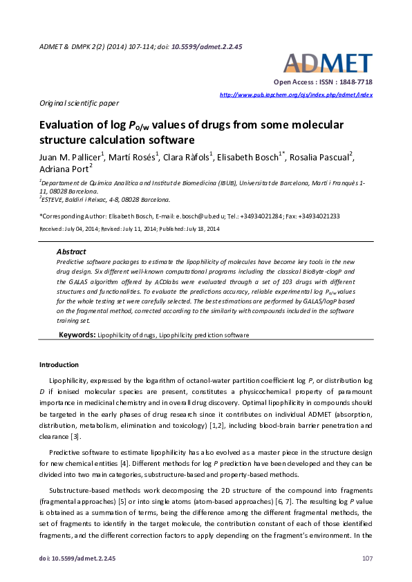 Pdf Evaluation Of Log Po W Values Of Drugs From Some Molecular Structure Calculation Softwares