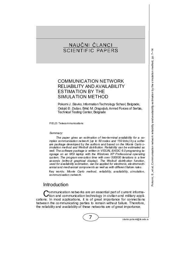 Pdf Communication Network Reliability And Availability Estimation By The Simulation Method