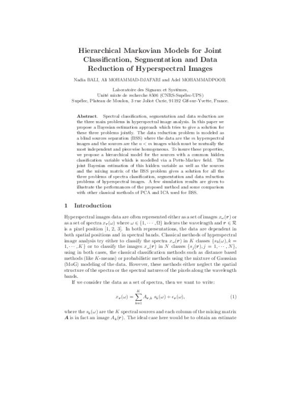 (PDF) Hierarchical markovian models for jointclassification, segmentation and data reduction of ...
