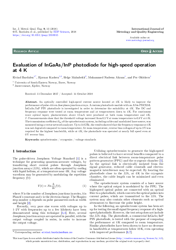 (PDF) Evaluation of InGaAs/InP photodiode for high-speed operation at 4 K