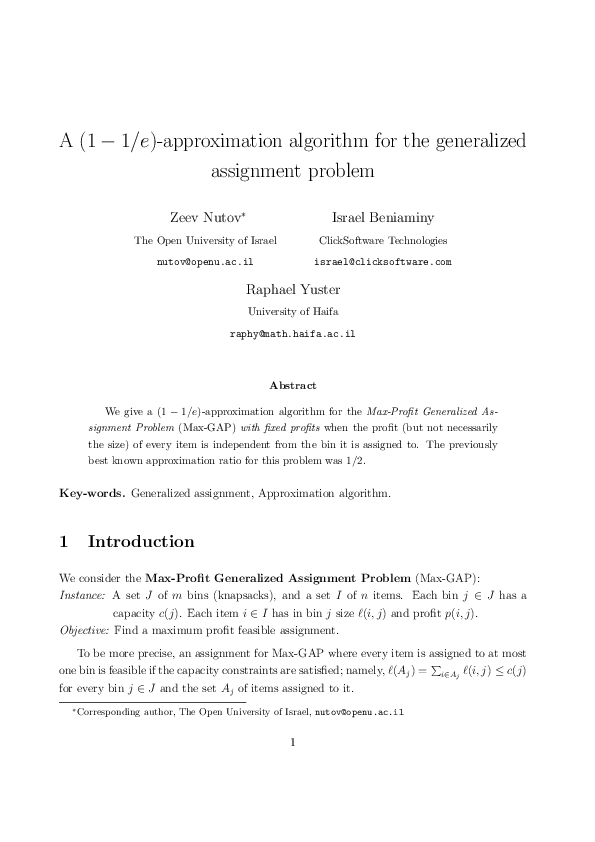 (PDF) A (1–)-approximation algorithm for the generalized assignment problem