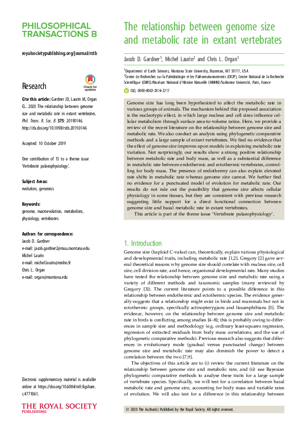 (PDF) The Relationship Between Genome Size and Metabolic Rate in Extant ...