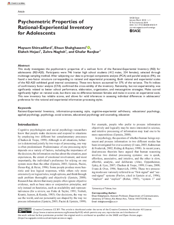 (PDF) Psychometric Properties of Rational-Experiential Inventory for ...