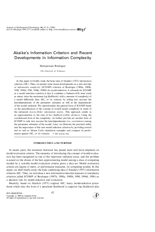 (PDF) Akaike's information criterion and recent developments in information complexity