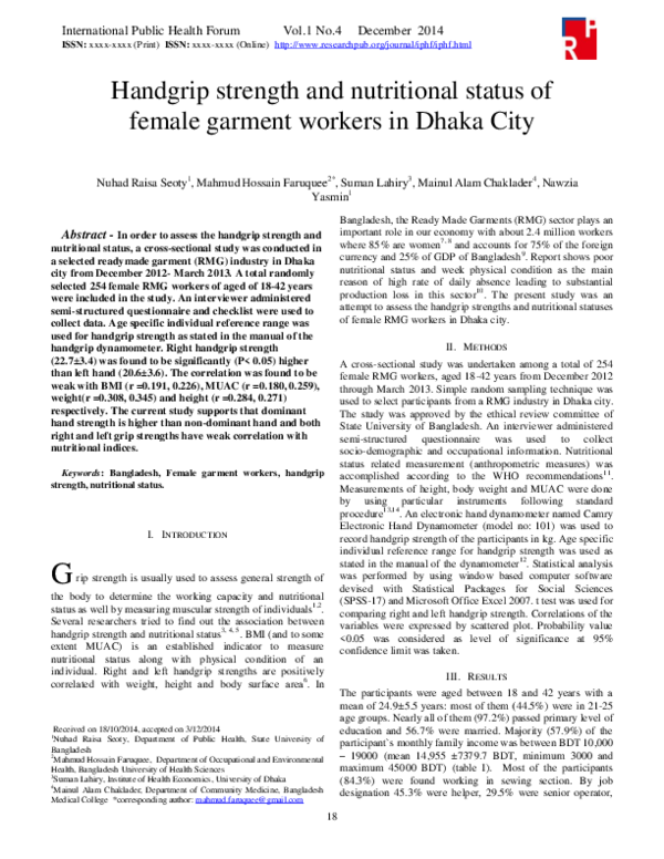 (PDF) Handgrip Strength and Nutrition among Female Garment Workers