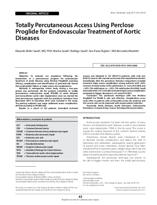 (PDF) Totally Percutaneous Access Using Perclose Proglide for ...