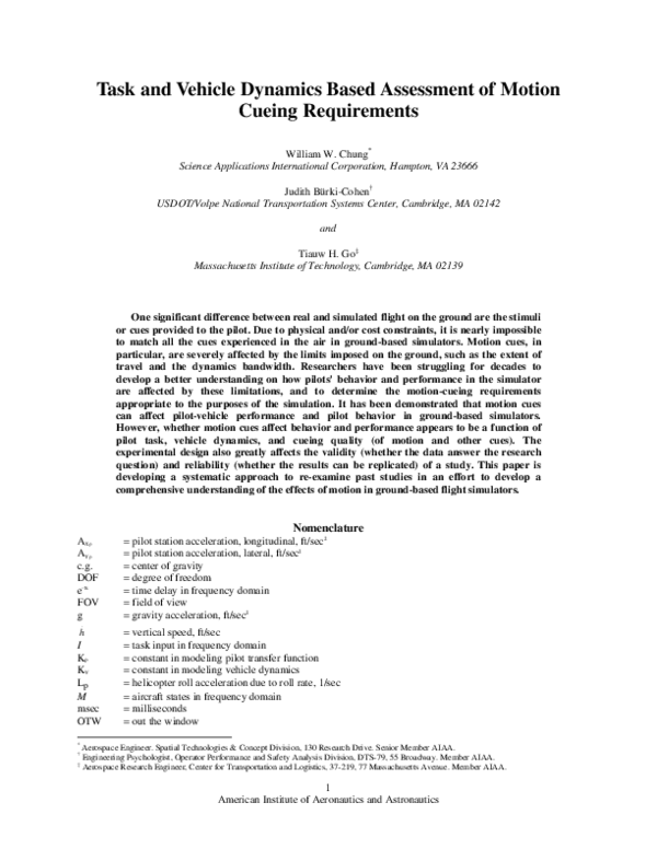 (PDF) Task and Vehicle Dynamics Based Assessment of Motion Cueing Requirements