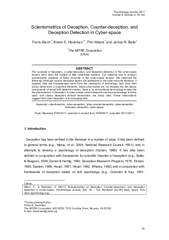 (PDF) Scientometrics of Deception, Counter-deception, and Deception Detection in Cyber-space