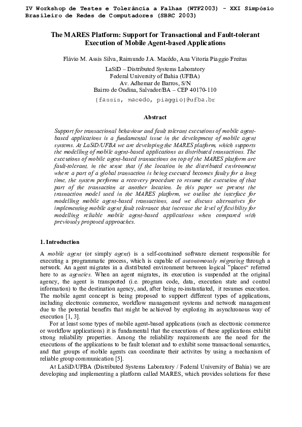 (PDF) The MARES Platform: Support for Transactional and Fault-Tolerant Execution of Mobile Agent ...