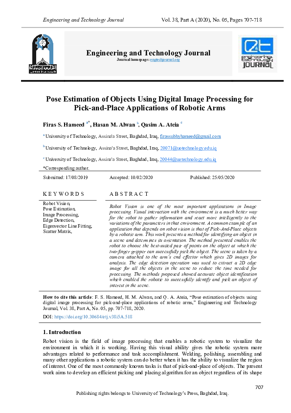 (PDF) Pose Estimation of Objects Using Digital Image Processing for Pick-and-Place Applications ...