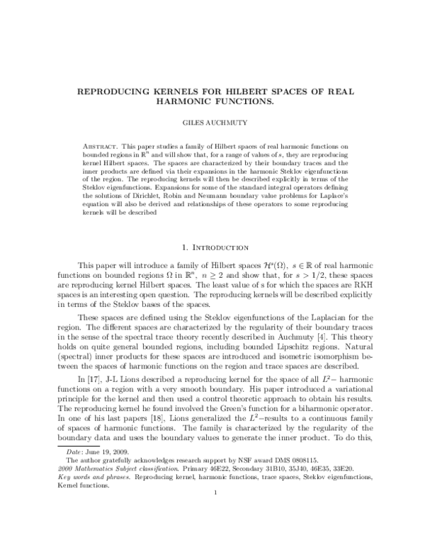 (PDF) Reproducing Kernels for Hilbert Spaces of Real Harmonic Functions