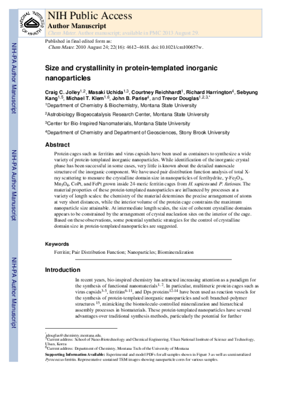 (PDF) Size and Crystallinity in Protein-Templated Inorganic Nanoparticles