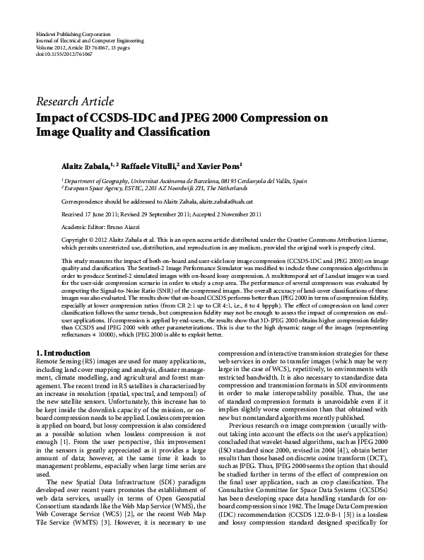 (PDF) Impact of CCSDS-IDC and JPEG 2000 compression on image quality and classification