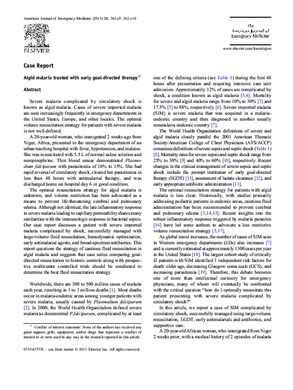 (PDF) Algid malaria treated with early goal-directed therapy | suzanne ...