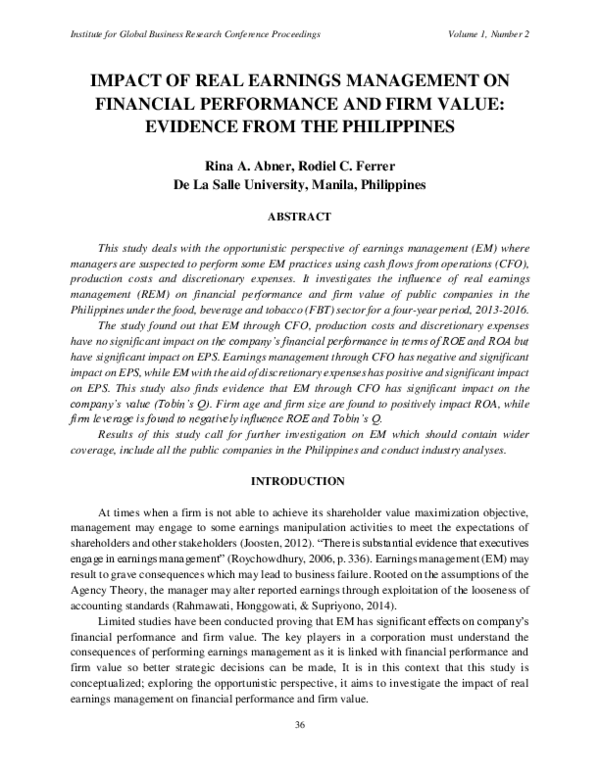 (PDF) IMPACT OF REAL EARNINGS MANAGEMENT ON FINANCIAL PERFORMANCE AND FIRM VALUE: EVIDENCE FROM ...