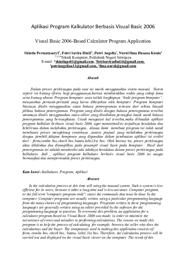 (DOC) Aplikasi Program Kalkulator Berbasis Visual Basic 2006 Visual ...