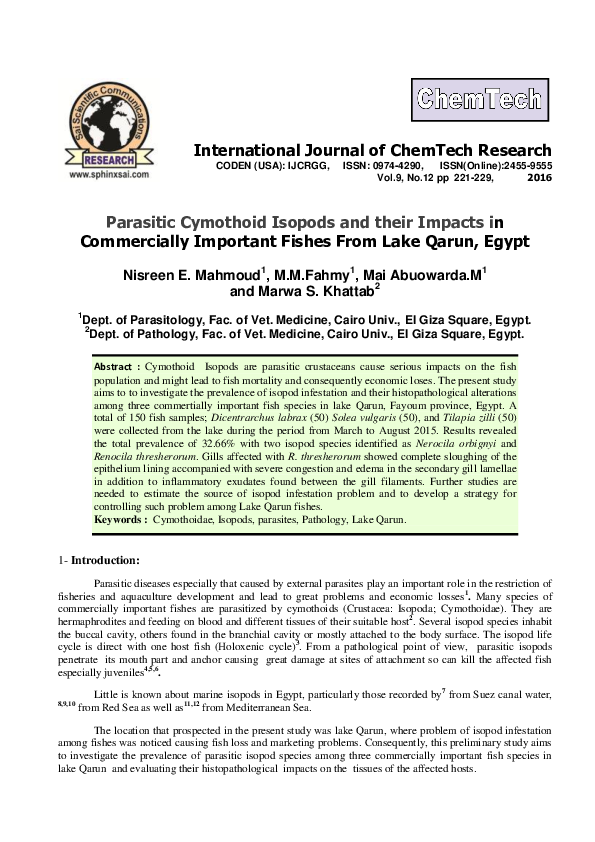 (PDF) Parasitic Cymothoid Isopods and their Impacts in Commercially ...