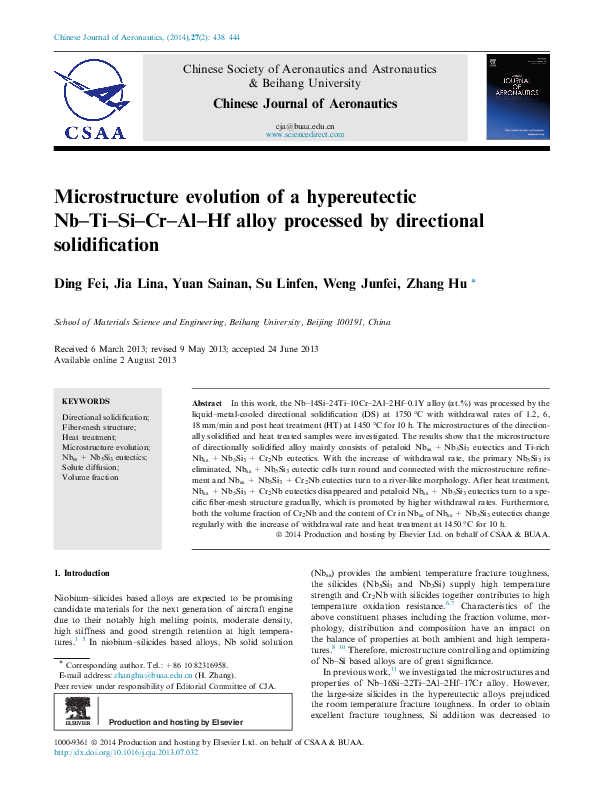 (PDF) Microstructure evolution of a hypereutectic Nb–Ti–Si–Cr–Al–Hf alloy processed by ...