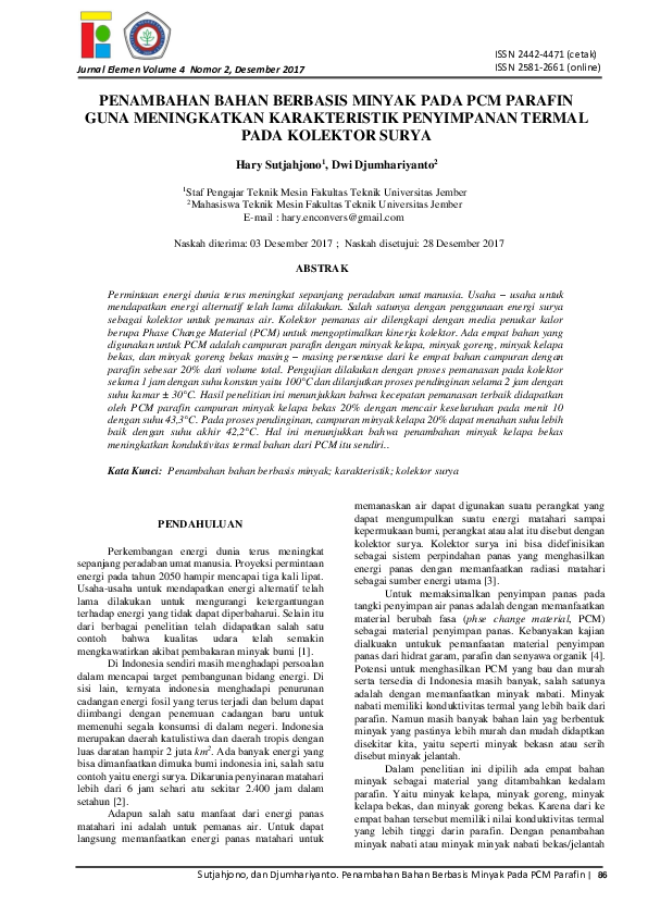 (PDF) Penambahan Bahan Berbasis Minyak Pada PCM Parafin Guna Meningkatkan Karakteristik ...