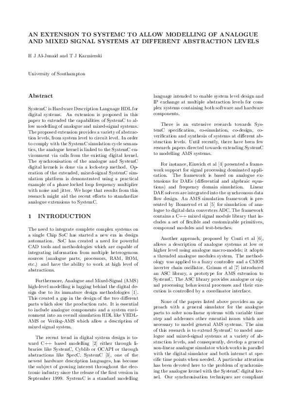 Pdf An Extension To Systemc To Allow Modelling Of Analogue And Mixed Signal Systems At