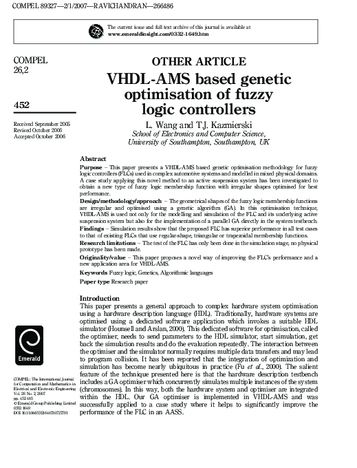 (PDF) VHDL-AMS based genetic optimisation of fuzzy logic controllers
