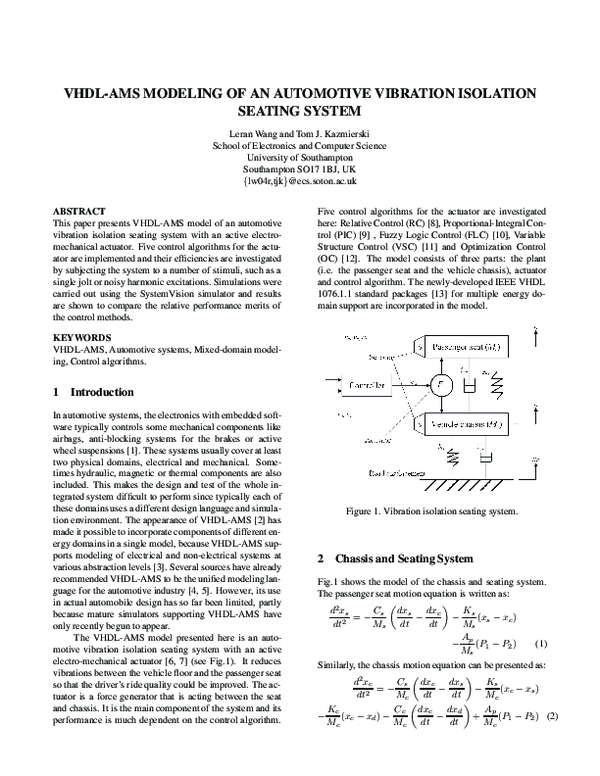 Pdf Vhdl Ams Modeling Of An Automotive Vibration Isolation Seating System