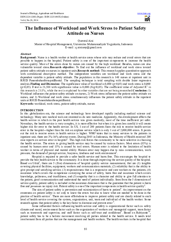 (PDF) The Influence of Workload and Work Stress to Patient Safety Attitude on Nurses